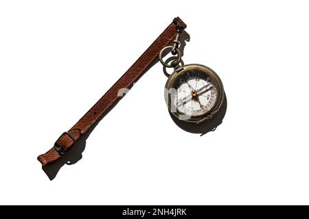 Vintage compass with shadow isolated on white background. Concept of ...