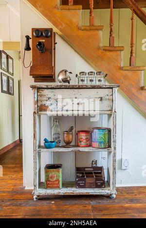Distressed antique open shelf cabinet with vintage objects plus old ...