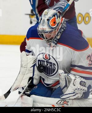 Edmonton Oilers goaltender Jack Campbell (36) blocks a shot beside ...