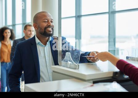 Glass window, ticket check and black woman at airport counter with ...
