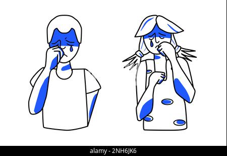 Sad boy and girl, emotion of sorrow, blue and white. Melancholy of ...