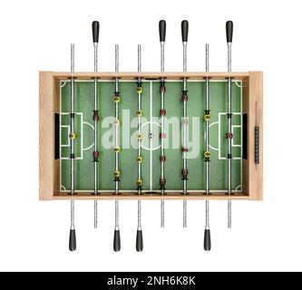 A vintage wooden foosball table with detailed metal player figurines in ...