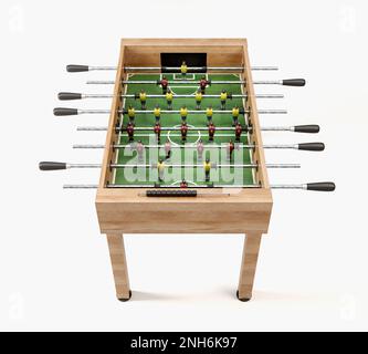 A vintage wooden foosball table with detailed metal player figurines in ...