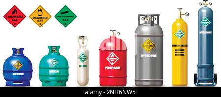 Gas cylinders and tanks realistic set with helium and oxygen symbols ...