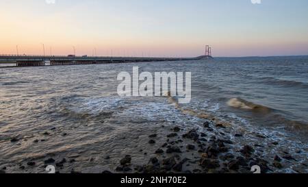 Suramadu Bridge at twilight with colorful sunset in Surabaya, Indonesia ...