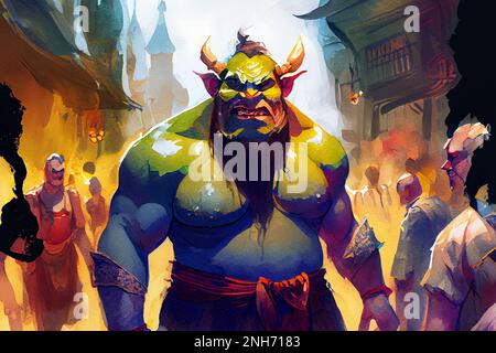 A giant ogre, with a big belly and sharp teeth, threatening a group of ...