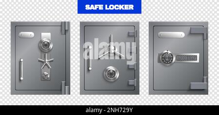Safe lockers doors concept with security and privacy symbols realistic ...
