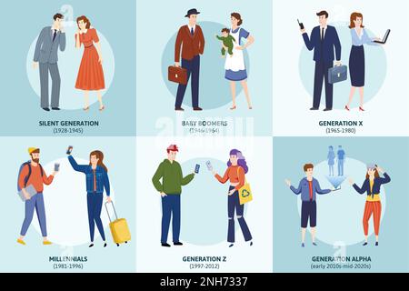 Generations set of six square compositions with isolated icons and ...