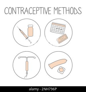Contraceptive methods icon set. Prevent pregnancy linear simple ...