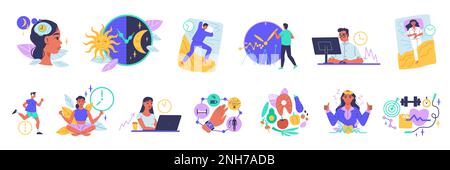Circadian rhythm flat icons set with time management and healthy sleep ...