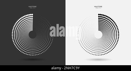 Circles of dotted halftones with a shadow on a black white background ...