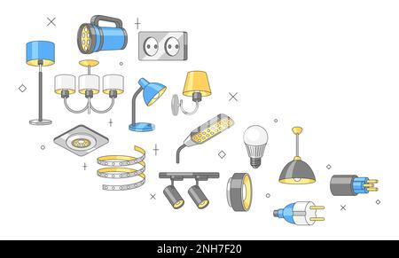 Background with electric lightings and lamps. Electrical equipment ...