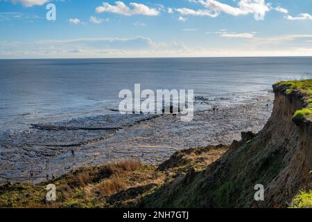 Looking out into the North Sea with the eroding cliffs of Walton on the ...