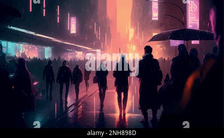 Rainy night cityscape with neon lights. Rooftop view of rainfall in ...
