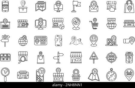 Store locator icons set outline vector. Office travel. Area map neon ...