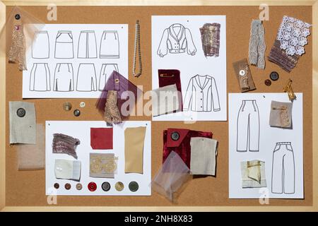 Sketches of clothes and fabric samples on table Stock Photo - Alamy