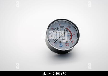 Pressure gauge close-up. Arrow of pressure gauge shows zero on scale ...