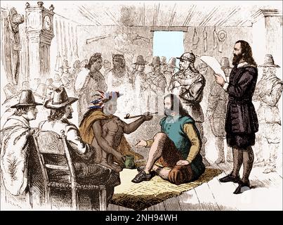 The Wampanoag leader Massasoit (c.1581-1661) smoking a peace pipe with ...