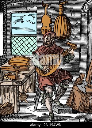Woodcut of 16th-century luthier with a lute in his hands. Illustration ...