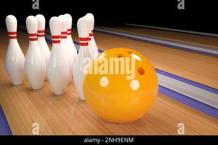 bowling pins stands near a yellow bowling ball on a lane 3D render top ...