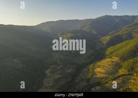 Drone photography of forested mountain side, farms and farmlands during ...