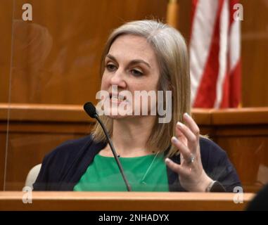 Dr. Sara West, a forensic psychiatrist, answers questions during her ...