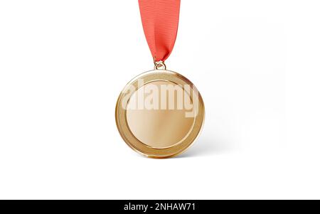 Blank gold medal with ribbon mockup lying, side view, 3d rendering ...