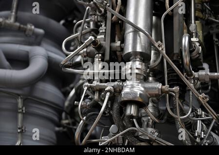 Elements of a rocket engine with several pipelines supplying fuel and ...