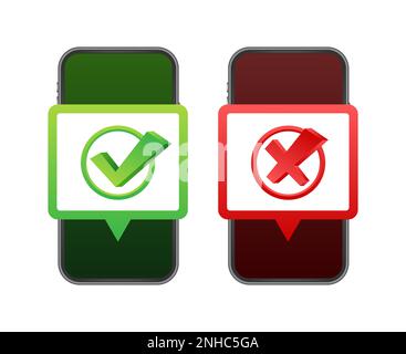 Hands holding smartphones with checkmarks set. Tick and cross check ...