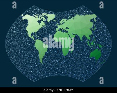 Abstract map of world network. Ginzburg 5 projection. Green low poly ...