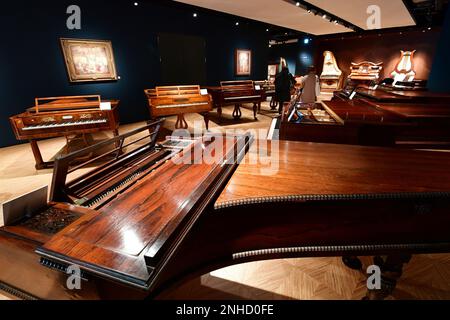 Instruments such as piano, violin and others are displayed at Musashino ...