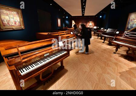 Instruments such as piano, violin and others are displayed at Musashino ...