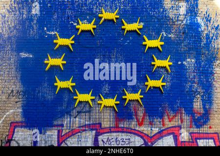 European flag, graffiti with barbed wire as a protest against European ...