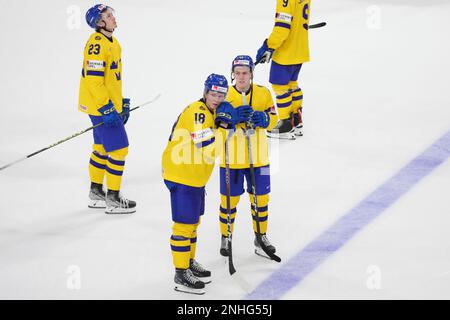 From left Filip Bystedt of Sweden, Czech Ales Cech, Czech goalie ...