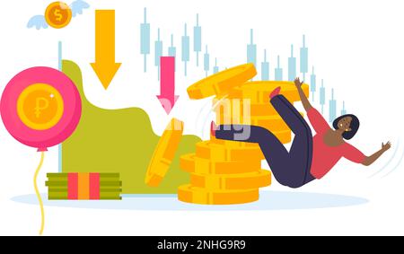 Financial instability set of flat isolated icons with doodle characters ...