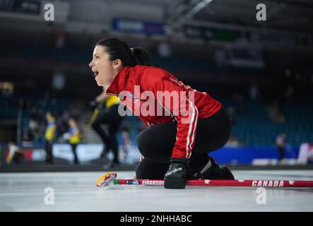 Team Canada skip Kerri Einarson delivers a rock while playing against ...
