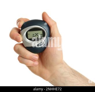 Man holding digital timer on white background, closeup Stock Photo - Alamy
