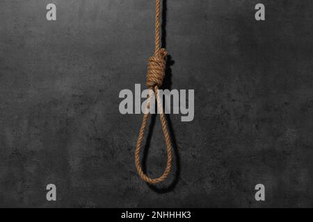Tied rope noose against grey stone background. Space for text Stock ...