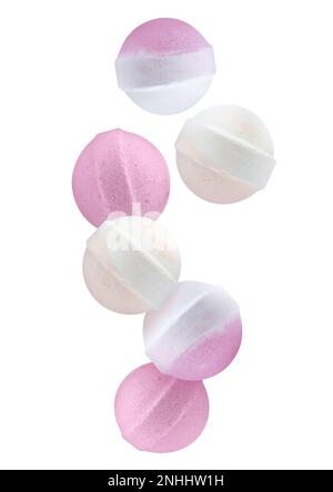 collage of organic bath salt, bath bombs and colorful soap near flowers ...