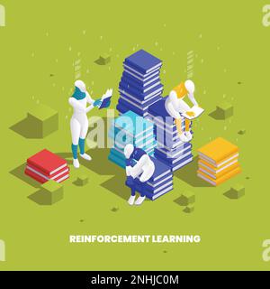 Machine learning deep learning isometric composition with flowchart of isolated images with ...