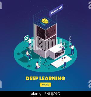Machine learning deep learning isometric composition with clickable button text and mannequin ...