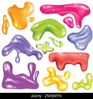Realistic rainbow glitter slime set with isolated curvy blots of ...