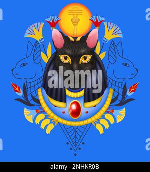 Egyptian goddess cat Bastet with sacred symbols of ankh and scarab ...