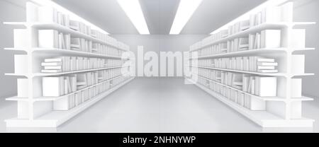Blank shelves in supermarket aisle. Cartoon vector background with ...