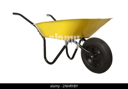 Yellow wheelbarrow isolated on white. Gardening tool Stock Photo - Alamy
