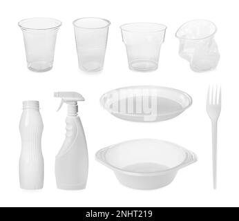 Set with different plastic items on white background Stock Photo - Alamy