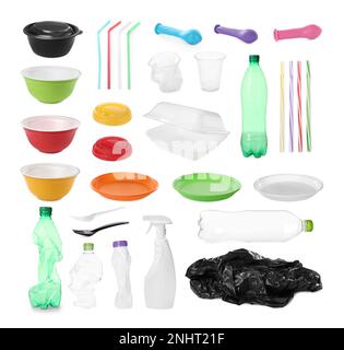 Set with different plastic items on white background Stock Photo - Alamy