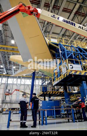 Assembly of aircraft tail structures at the Airbus campus in Getafe ...