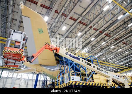 Assembly of aircraft tail structures at the Airbus campus in Getafe ...