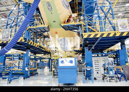 Assembly of aircraft tail structures at the Airbus campus in Getafe ...